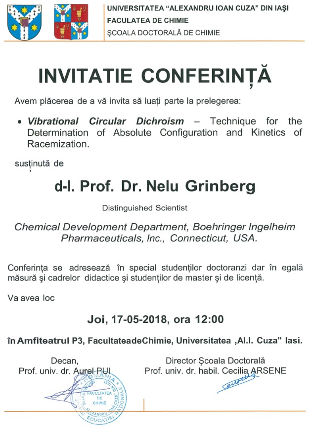 Invitatie la Conferinta | Facultatea de Chimie Iaşi
